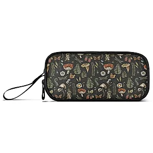 Caikeny Pencil Case Vintage Woodland Mushroom Pen Bag Black Large Capacity Pencil Box Pen Pouch with Zipper Cosmetic Organizer for Kids Teens Adults