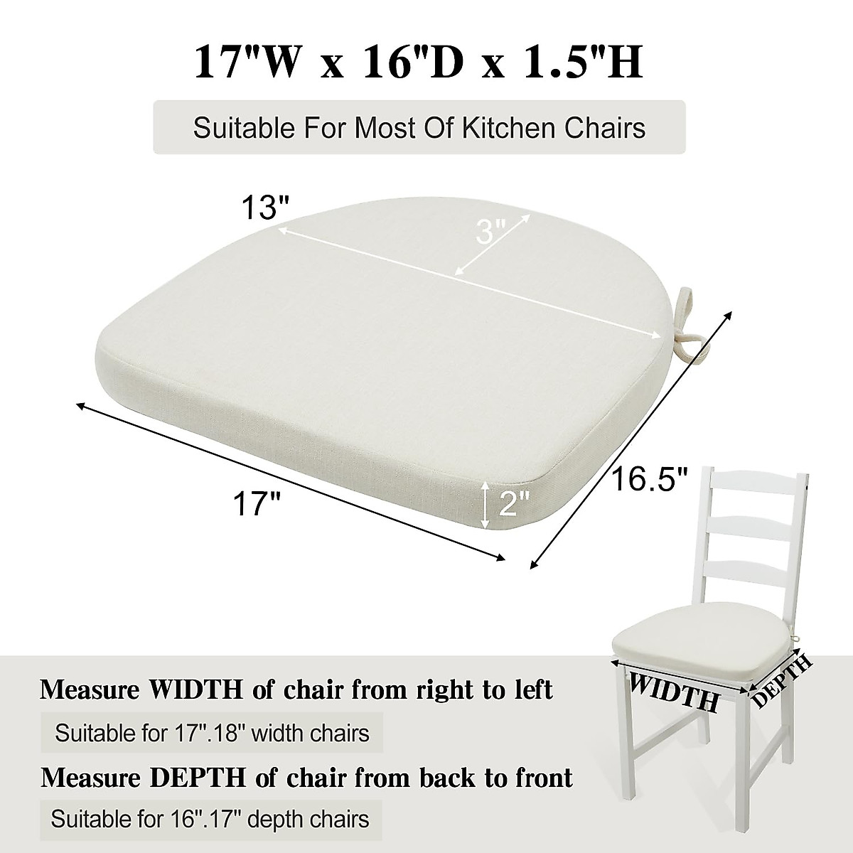 EzKamfort Chair Cushions for Kitchen Chairs - Memory Foam Chair Pads and Cushions Set of 4, Non Slip Chair Pads Cushion with Ties, Indoor Chair Cushion Dining Room Chair Pads Seat Cushion Dining Chair