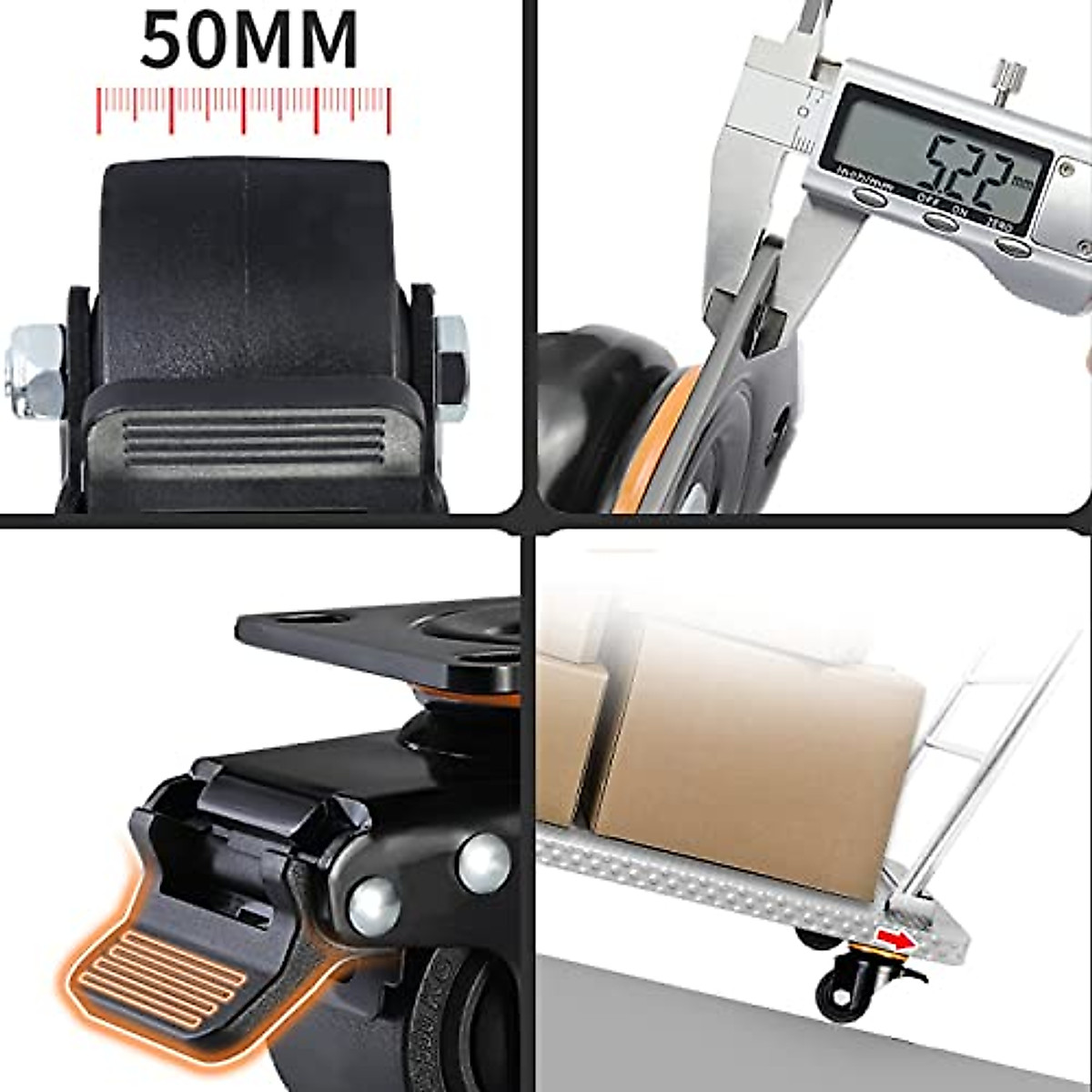 Swivel Castor Wheel Trolley Furniture Caster Mute Castor Wheels,for Furniture Trolley Crib Casters Kitchen Cabinet Universal Castors, 360 Degree Swivel Castors, 4 Brake Casters,Black Castor Wheel (C