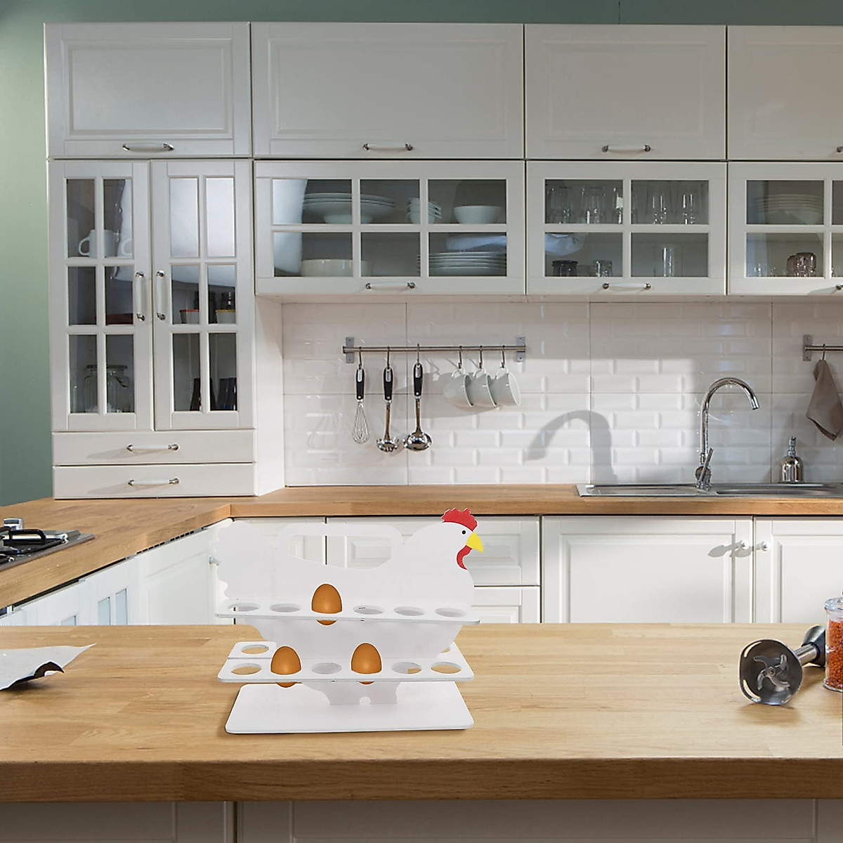 DOITOOL Fridge Egg Holder Wooden Egg Holder Chicken Shape Egg Dispenser Rack Egg Display Stand Egg Holder Carrier with Handle for Home Kitchen Accessory Tray