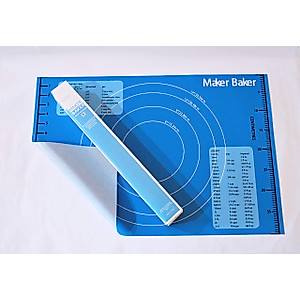 Maker Baker Blue Silicone pastry & baking mat | non-stick non-slip mat | Extra Large Convenient Measurements Imperial & Metric units |Excellent for rolling dough | Food safe BPA free non-toxic