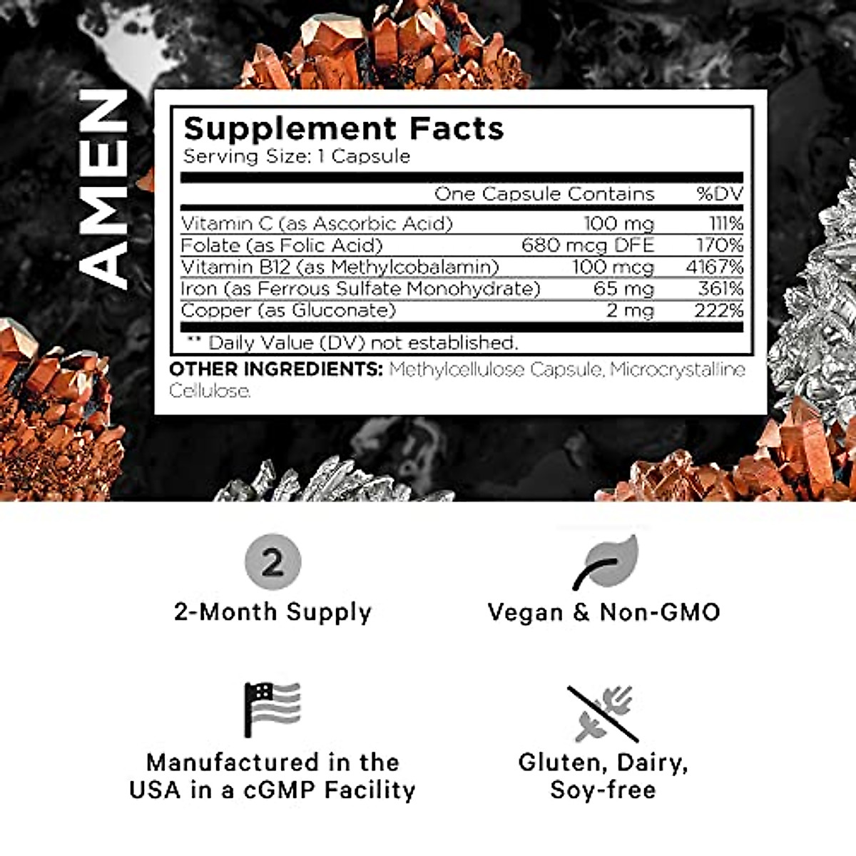Amen Iron Ultra Supplement + Copper, Folate, Vitamin C and Vitamin B12-2-Month Supply - Ferrous Sulfate Iron Vitamin - Iron 65mg Per Serving - Iron Folic Acid - Non-GMO Iron Pills - 60 Capsules