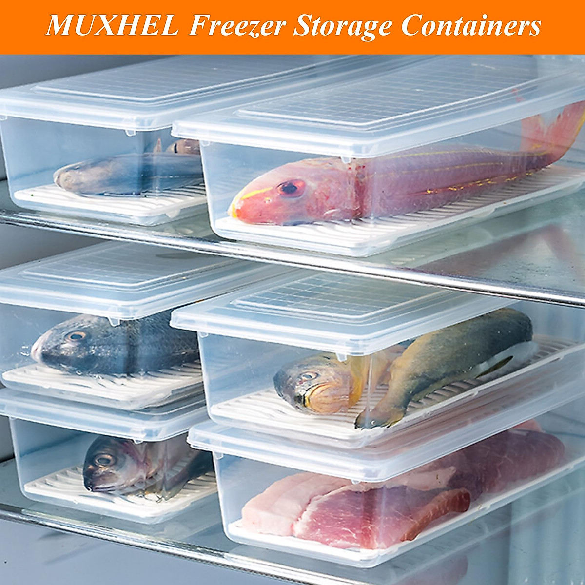 MUXHEL 8 Pcs Food Storage Container for Fridge, X-Large Fruit Storage Containers for Fridge with Lid and Removable Drain Plate, Plastic Freezer Storage Containers for Storing Fruits, Vegetables, Meat