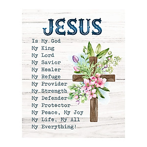 Jesus Is My God, King, Peace, Joy Inspirational Christian Wall Art Decor -8 x10" Rustic Floral Cross Print -Ready to Frame. Motivational Decor for Home-Office-Church. Great Religious Gift of Faith!