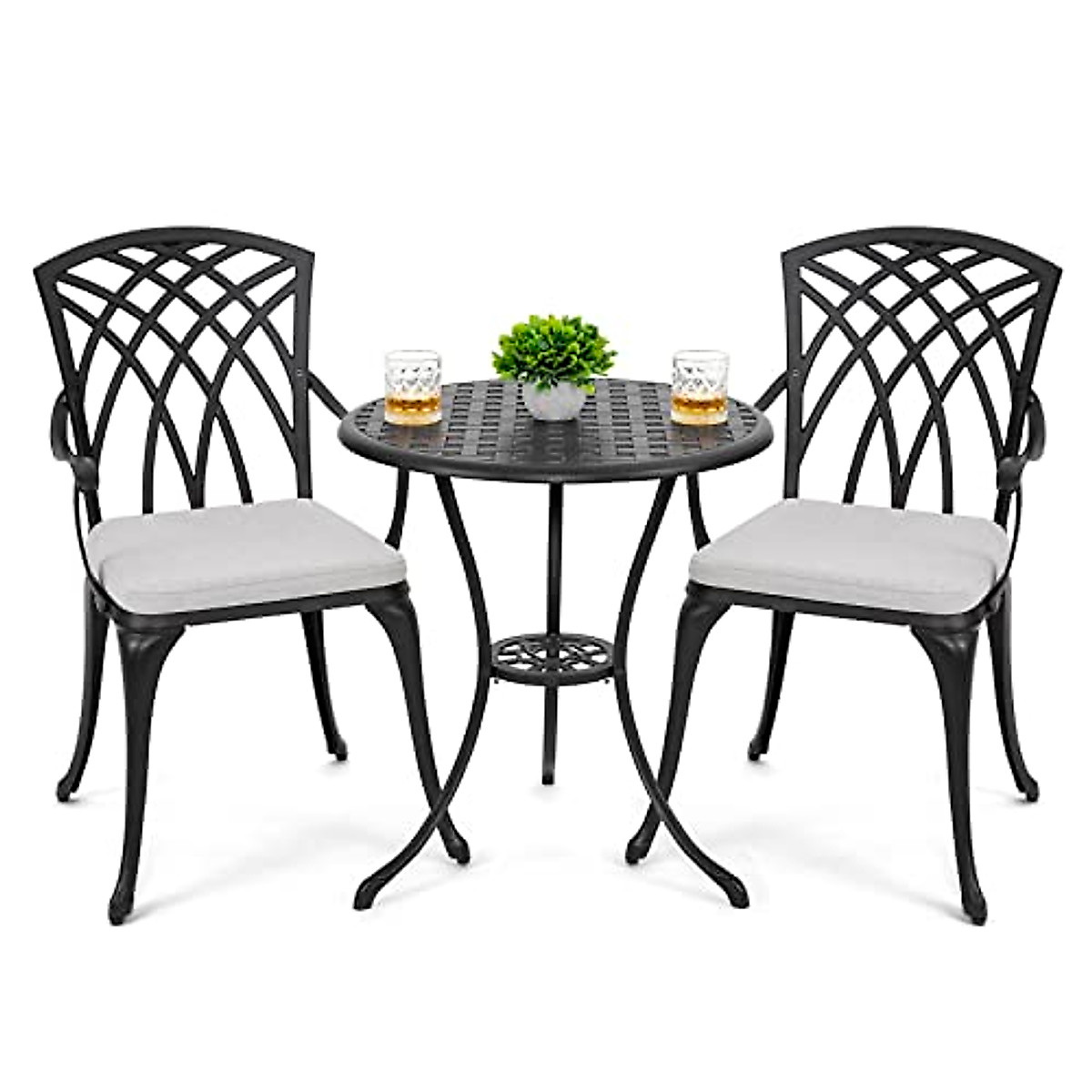 Nuu Garden 3 Piece Bistro Table Set Cast Aluminum Outdoor Patio Furniture with Umbrella Hole and Grey Cushions for Patio Balcony, Black with Golden Powder