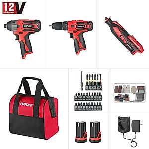 POPULO 12V Max Lithium-ion Cordless Combo Kit (3-Tool), Power Drill Driver, 1/4 in. Impact Driver, Power Rotary Tool Combo Kit with 2.0Ah Batteries (2-Pack), Charger and Tool Bag