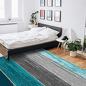 Teal Wood Grain Area Rugs Indoor Non-Slip Rectangle Rug 2.7x5 ft, Farmhouse Barn Teal Green Gray Plank Rug Rubber Backing Floor Mats Contemporary Home Decor Carpet for Entryway Living Room Bedroom