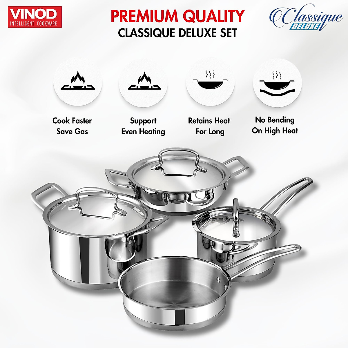 Vinod Classic Deluxe Stainless Steel Cookware Combo Set of 4 Pcs/Saucepan, Saucepot, Kadai and Frypan/Deep Kadhai for Cooking/Heavy Induction Bottom
