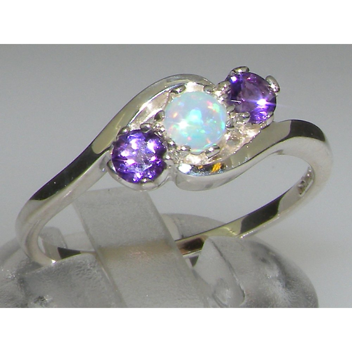 LetsBuyGold 925 Sterling Silver Real Genuine Opal & Amethyst Womens Band Ring - Size 7