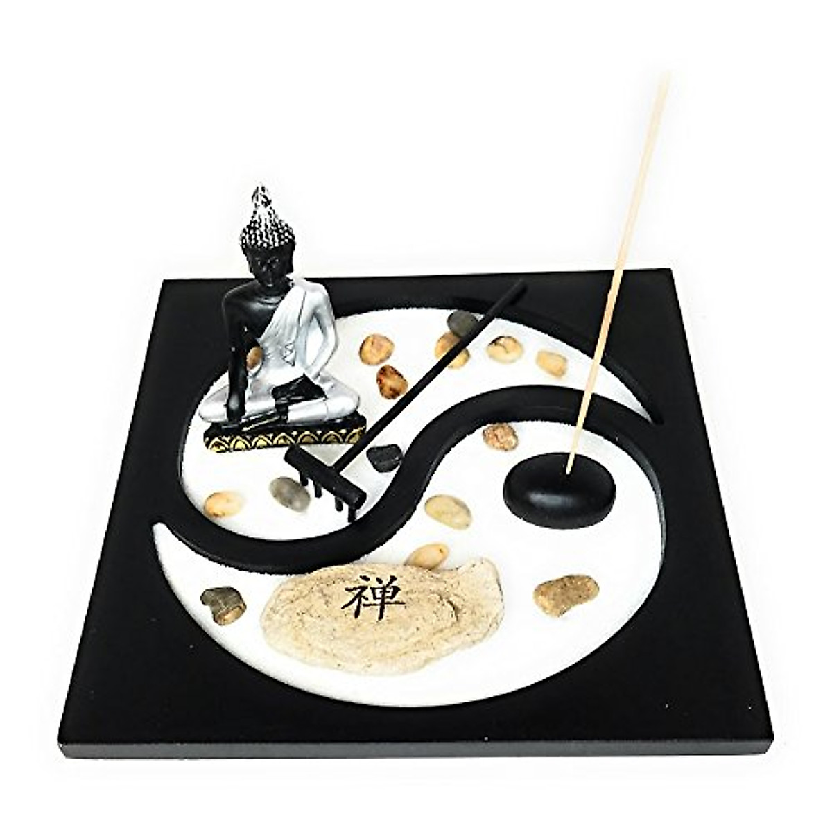 Royal Brands Yin and Yang Zen Garden with Buddha, Rake, Sand and Rock Garden, and Incense Holder – Peace and Tranquility (9"x9"x6")