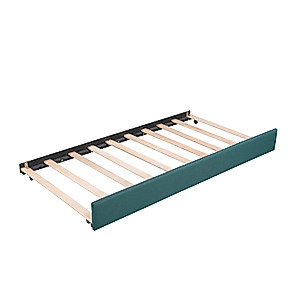 CITYLIGHT Upholstered L-Shaped 2 Twin Beds with Trundle and Storage Drawer, Wood Linen Corner Bed for Kids Girls Boys Teens Bedroom, Green