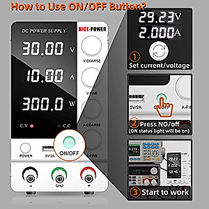 NICE-POWER DC Power Supply Variable Regulated Switching Adjustable 4-Digital Display Adjustable Lab Bench Power Supply, Output Enable/Disable Button (Side Display 30V/10V)