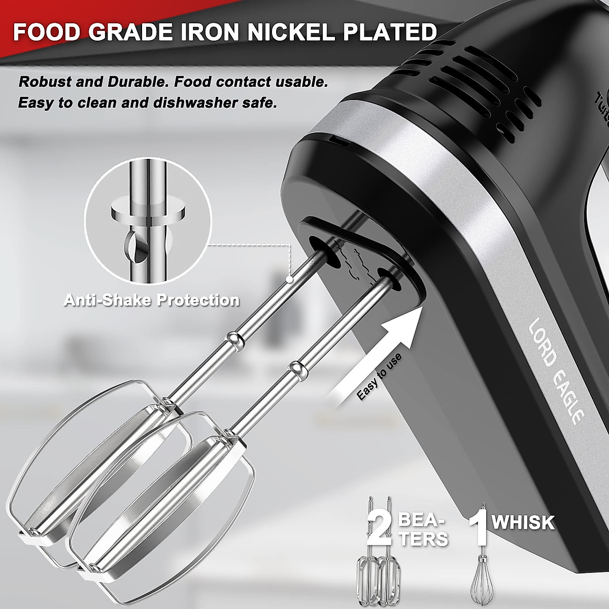 Lord Eagle Electric Hand Mixer Mini, 300W Power Handheld Mixer Kitchen for 5-Speed Baking Cake Egg Cream Food Beaters Whisk, with Snap-On Storage Case, Black