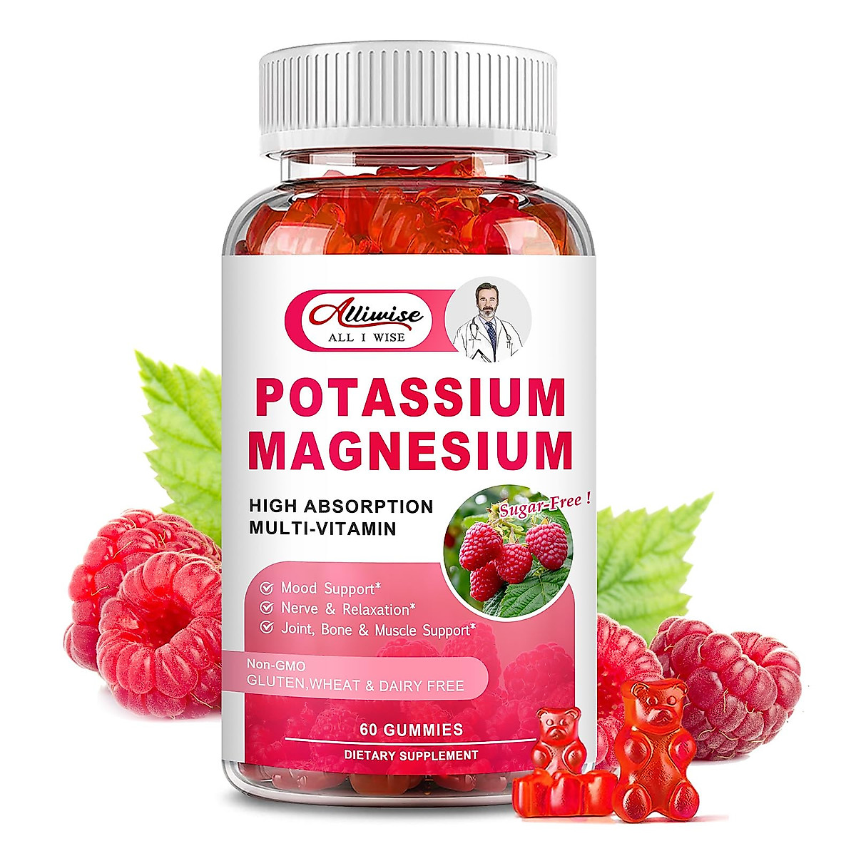 Potassium Magnesium Supplement Gummies with Potassium Citrate 200mg + Magnesium Glycinate 500mg for Bone & Muscle Relaxation,Mood & Energy Support.High Absorption Vitamin B6, D3, C.Raspberry Flavor