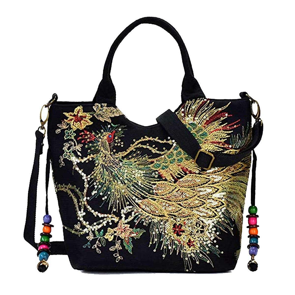 Women Vintage Sequins Peacock Handbag - Ethnic Embroidery with Pendants (black)