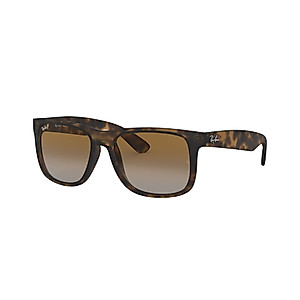Ray-Ban RB4165 Justin Rectangular Sunglasses, Rubber Havana/Polarized Grey Gradient Brown, 55 mm
