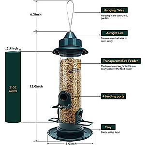 Wiewish Squirrel Proof Bird Feeder for Outdoor Hanging Metal, Plastic Tube Bird Seed Feeder with 4 Ports, Large Capacity, Easy to Fill Metal Birdfeeder for Cardinal, Finch, Blue Jay for Bird Lover