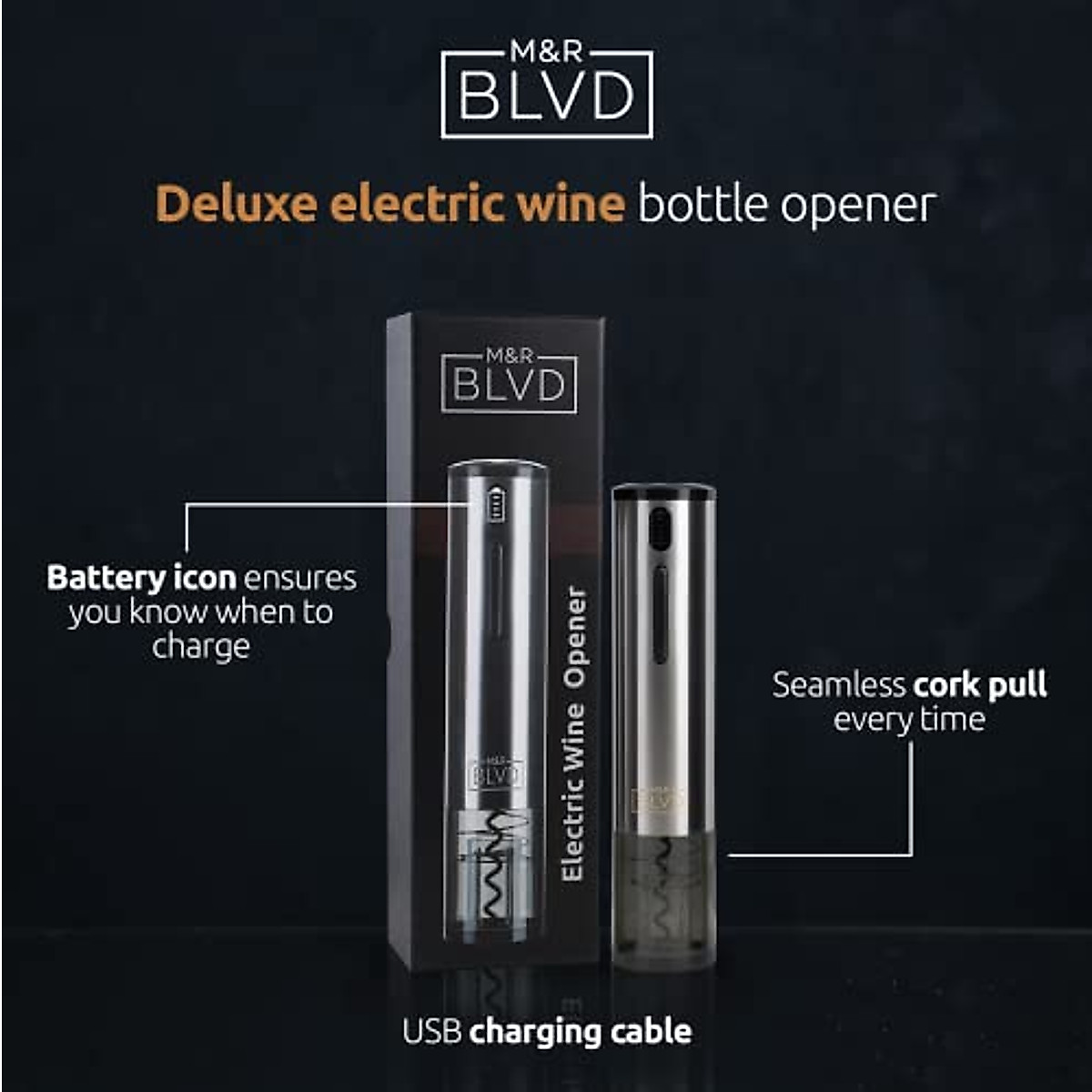 Electric Wine Bottle Opener by M&R Blvd. - Deluxe Rechargeable Stainless Steel Electric Corkscrew, USB Charging Cable - Premium Bar Accessory & Wine Gift