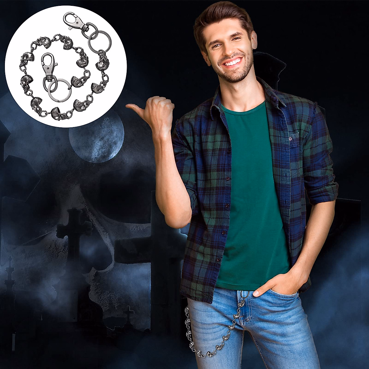 MTLEE 2 Packs Skull Pants Chains for Men Biker Chain Punk Heavy Skull Goth Wallet Chain Punk Skull Pants Chains for Men Wallet Key Pants