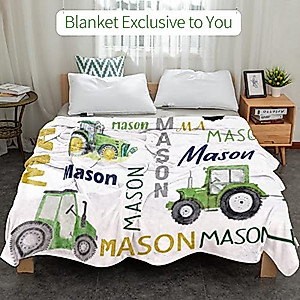 Custom Tractor Blanket with Name for Boys Girls Kids, Personalized Name Blanket Trucks, Soft Flannel Blankets Customized Gift for Children Day Birthday Christmas-40 x50