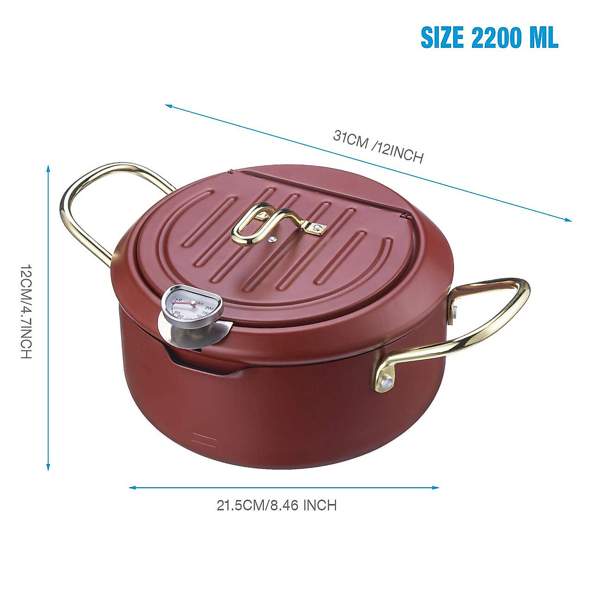 LEPO Deep Fryer Pot, 2.2L Small Japanese Tempura Deep Fryer Pot, With Thermometer,Lid And Oil Drip Drainer Rack,304 Stainless Steel Fryer Pot, for Kitchen French Fries, Fish and Shrimp