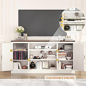 Hlivelood 66" Farmhouse TV Stand with Power Outlets for 75 65 Inch TVs, 33" Tall Entertainment Center with Storage Cabinets w/Adjustable Shelves, Rustic Large TV Media Console for Living Room, White