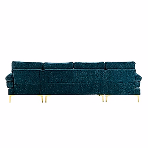 U Shape Sectional Sofa Couch, Modern 110'' Convertible Sectional Sofa, Upholstered Chenille Fabric 4-Seat Couch Sofa Bed with Golden Metal Legs for Living Room, Apartment, Office, Teal Blue