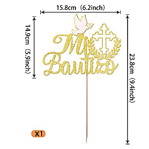 1 Pack Spanish Mi Bautizo Cake Topper Glitter Cross First Holy Communion Baptism Cake Pick Religious God Bless Baptism Cake Decoration for Baby Shower Birthday Party Supplies Gold