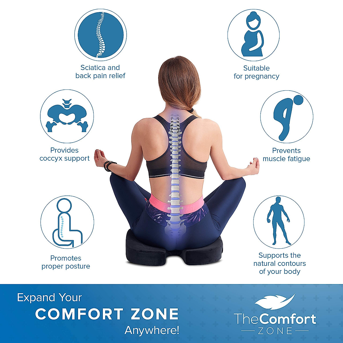 TheComfortZone Seat Cushion for Office Chair Memory Foam Coccyx Cushion Butt Pillow for Sciatica Tailbone & Back Pain Relief Long Sitting Office Desk Gaming Chair Car Seat Cushion Driving-Black
