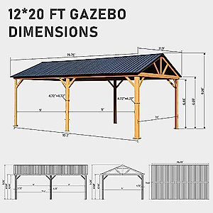 Domi 12' x 20' Hardtop Gazebo with Galvanized Steel Gable Roof, Pergola with Wood-Looking Aluminum Frame, Permanent Pavilion Outdoor Gazebo with Ceiling Hook for Deck Patio Lawn Yard Backyard Grill