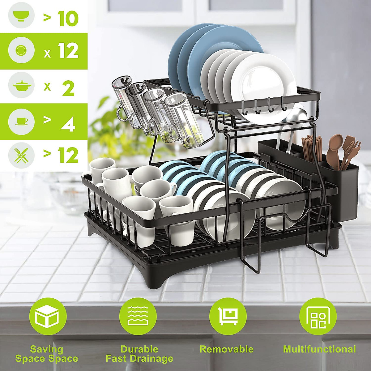 vikiciy Dish Rack Dish Drying Rack Dish Racks for Kitchen Counter, Drying Rack for Kitchen Counter 2 Tier Dish Rack with Auto-draining Tray for Kitchen with Utensil Holder, Cutting Board Holder