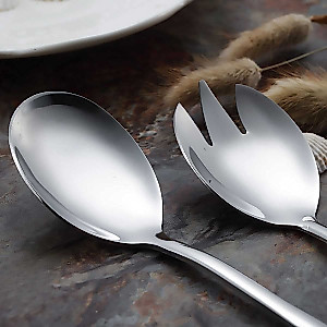 Goeielewe Pack of 2 Salad Spoon and Fork Salad Server Set, Stainless Steel Salad Serving Set, 7.7-Inch Serving Spoon and Fork Set for Salad, Gravies, Fruits, Soup or Pasta (Silver)