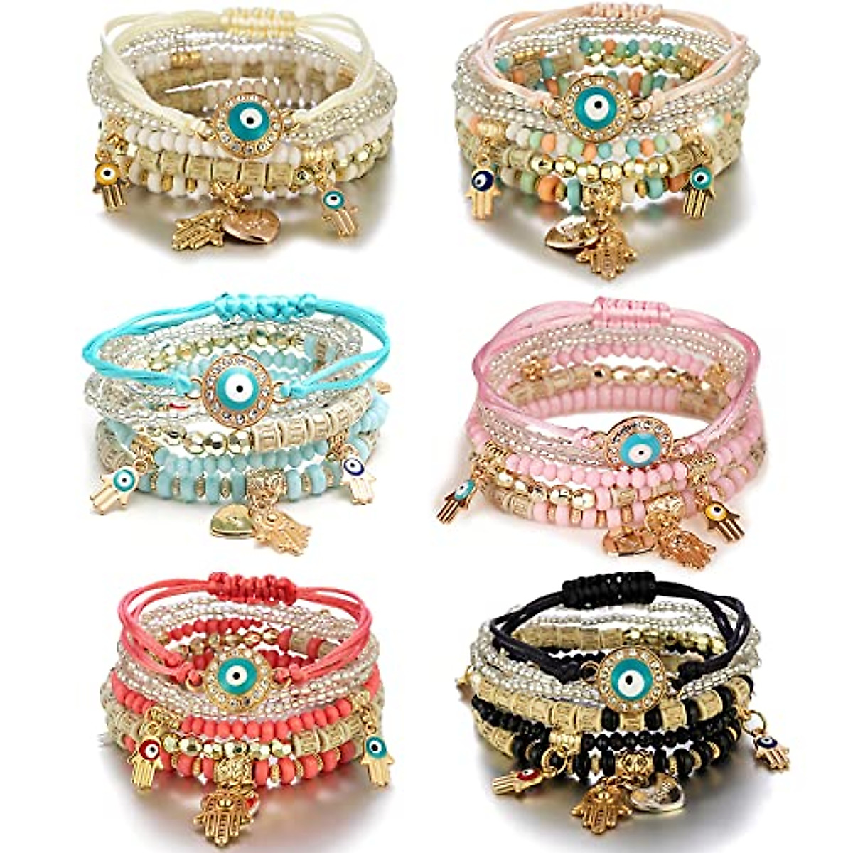 MILACOLATO Bohemian Bead Bracelets Set, Multilayer Evil Eye Stackable Bracelets, Comfort-Fit Stretch Bracelets for Women Girls, 6 Sets