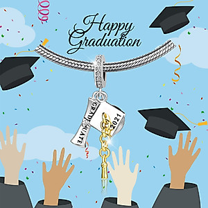 LuxglitterLin Graduation 2022 Charm Graduate Hat Cap &Scroll Dangle Bead for Pandora Bracelet