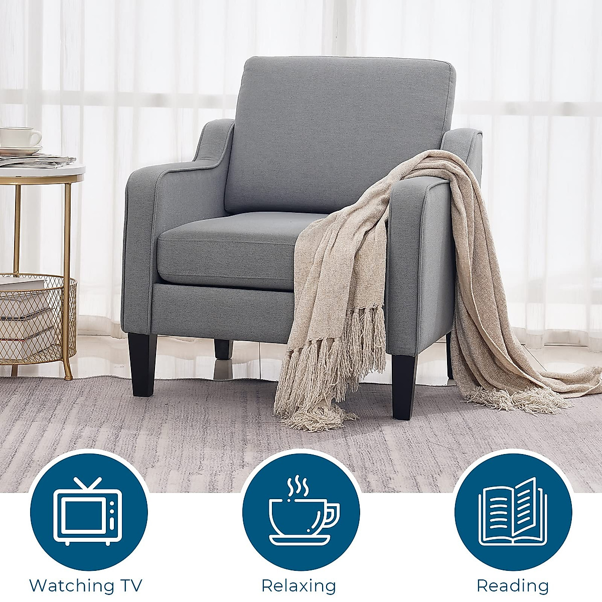 VINGLI Mid century Modern Accent Chair,Light Grey Fabric Accent Chairs for Living Room Upholstered Armchair with Scooped Arms for Bedroom,Apartment,Studio,Office,Waiting Room