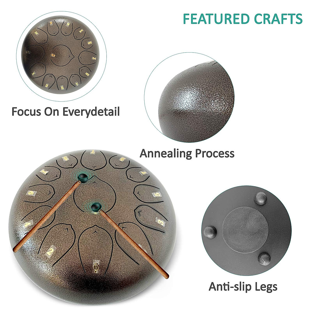 Sidasu Steel Tongue Drum 13 Notes 12 Inches Percussion Instrument Handpan Drum with travel Bag Music Book Mallets steel tongue drum stand（ 13 Notes 12 Inches, Bronze）