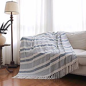 Boho Farmhouse Woven Navy and Ivory Chenille Throw Fringe 50 x 60 Blanket Blue and White Striped, Velvety Decorative Textured Throw, Soft Cozy Blanket with Tassels for Couch, Bed, Sofa, Office