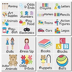 mDesign Home Organization Labels - Preprinted Label Stickers for Toy and Game Storage and Cleaning - Household Organizing for Jars, Canisters, Containers, Bins, and Boxes, 24 Count, Clear/Black/Images