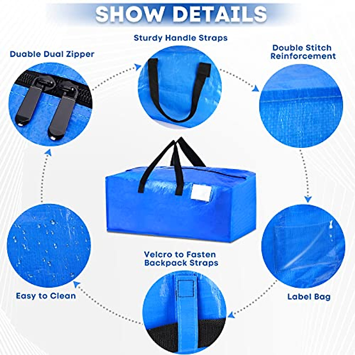 Heavy Duty Moving Bags Large Storage bag with Backpack Straps Strong Handles & Zippers, Clothes Blanket Packing Bags for Space Saving, Alternative to Moving Boxes College Moving Supplies Blue (4 Pack)