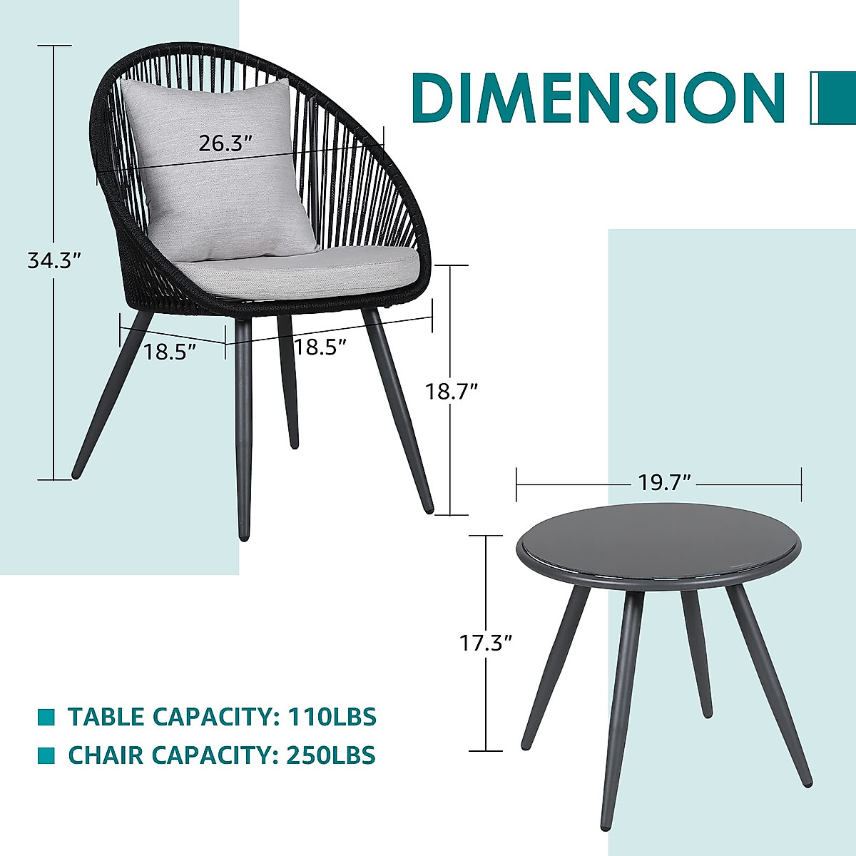 COBANA 3 Piece Patio Bistro Set, Outdoor Conversation Balcony Furniture Set with Glass Top Table and Cushioned Chairs, Black