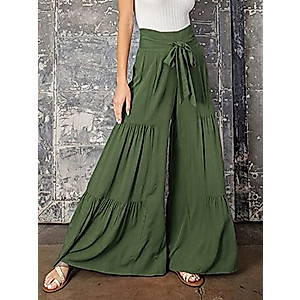 Atoindemiy Women's Boho Elastic High Waisted Ruffle Hem Wide Leg Loose Yoga Palazzo Pants with Belt (XL, SLJH004)