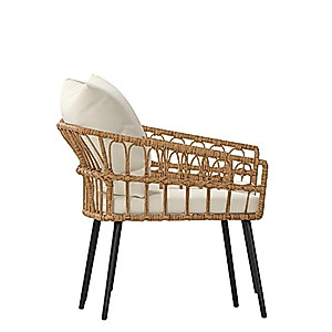 Flash Furniture Evin Set of 2 Boho Indoor/Outdoor Patio Chairs - Natural Finish Faux Rattan Wicker - Cream All-Weather Cushions - Integrated Armrests