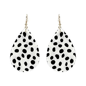 Kathaya Cowhide Both Side Printed Teardrop Hook Earrings Handmade Lightweight Floral Cow Print Earring for Women Girls Dangle Drop Leather Western Earring Set White Black/Brown (Dalmatian)
