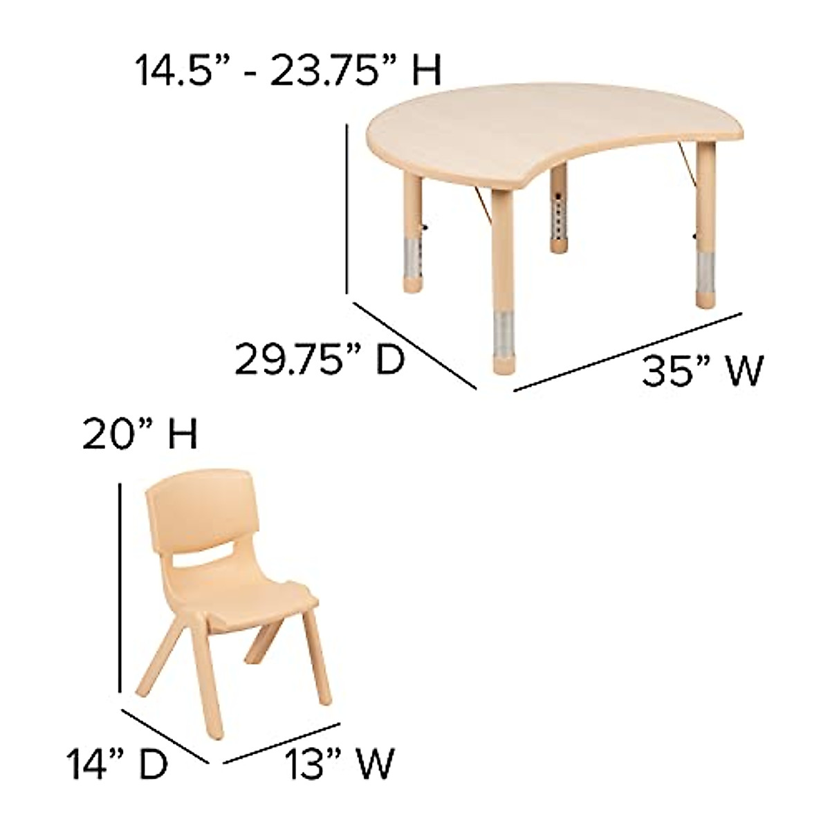 EMMA + OLIVER 25.125" W x 35.5" L Crescent Natural Plastic Adjustable Kids Table Set - 4 Chairs