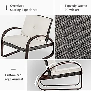 COSIEST 3-Piece Outdoor Patio Bisrto Set, PE Wicker Furniture Sets Aluminum Armchair Club Chairs w Off-White Thickened Cushions, Coffee Table for Garden, Pool, Backyard