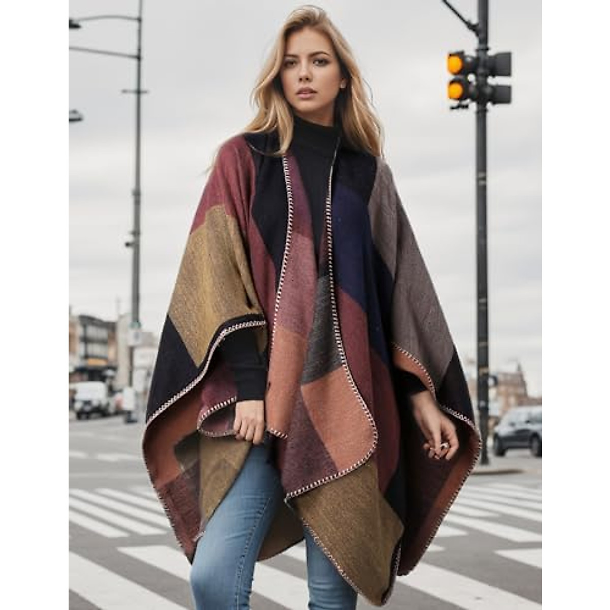 PAMEILA Women's Travel Plaid Shawl Wraps Open Front Poncho Cape Warm Oversized Sweaters Casual Cardigan Shawls for Fall Winter,Series 01-Khaki