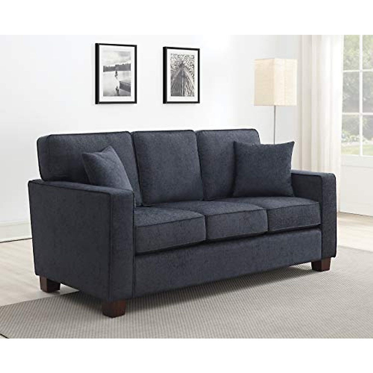 OSP Home Furnishings Russell 3 Seater Sofa with 2 Pillows and Coffee Finished Legs, Navy