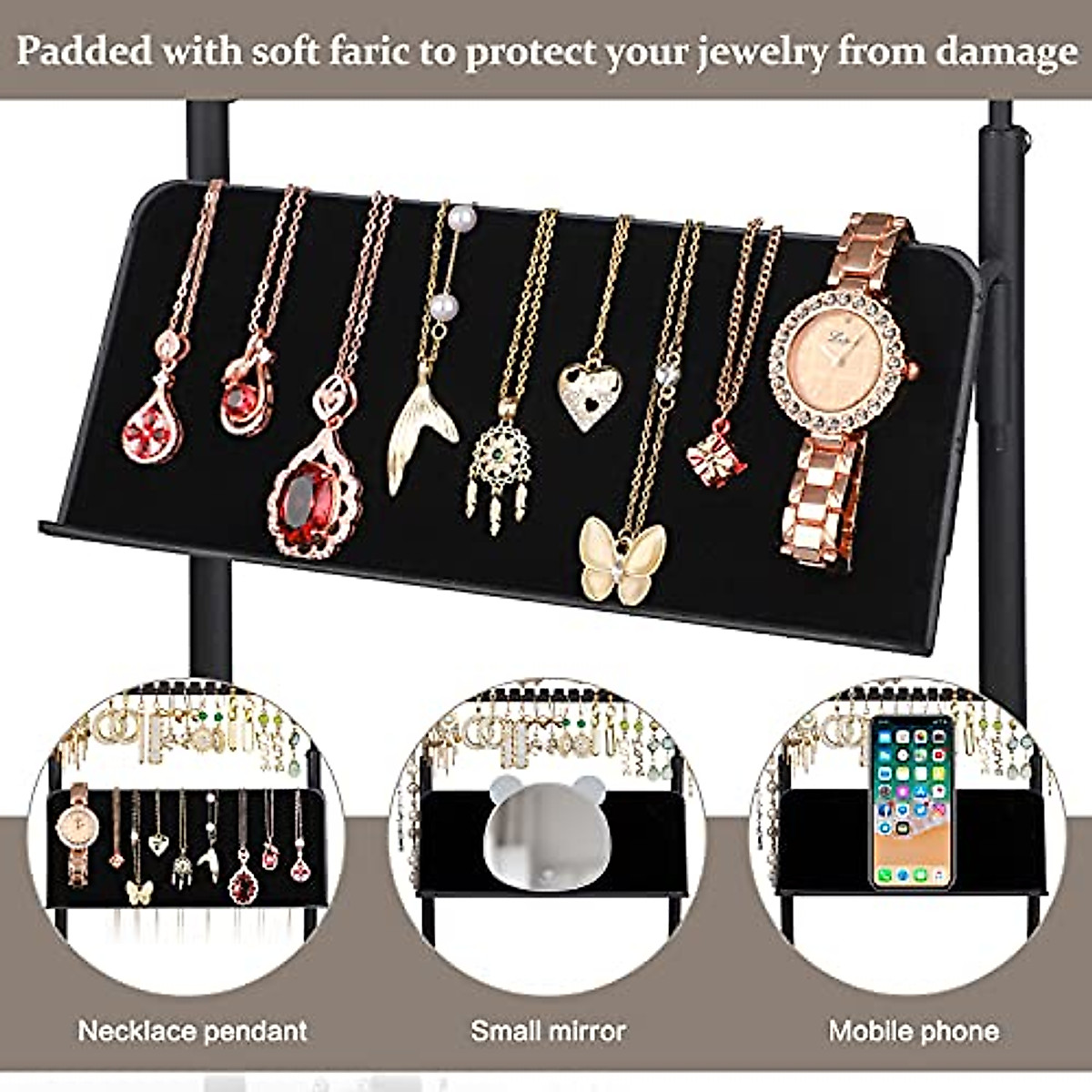 SOLIMINTR Jewelry Organizer, Jewelry Stand with Necklace Display Holder 3 Tier Earring Organizer Rustic Wood Base Tray with Ring Stand Jewelry Storage Tower for Women Girls Gift