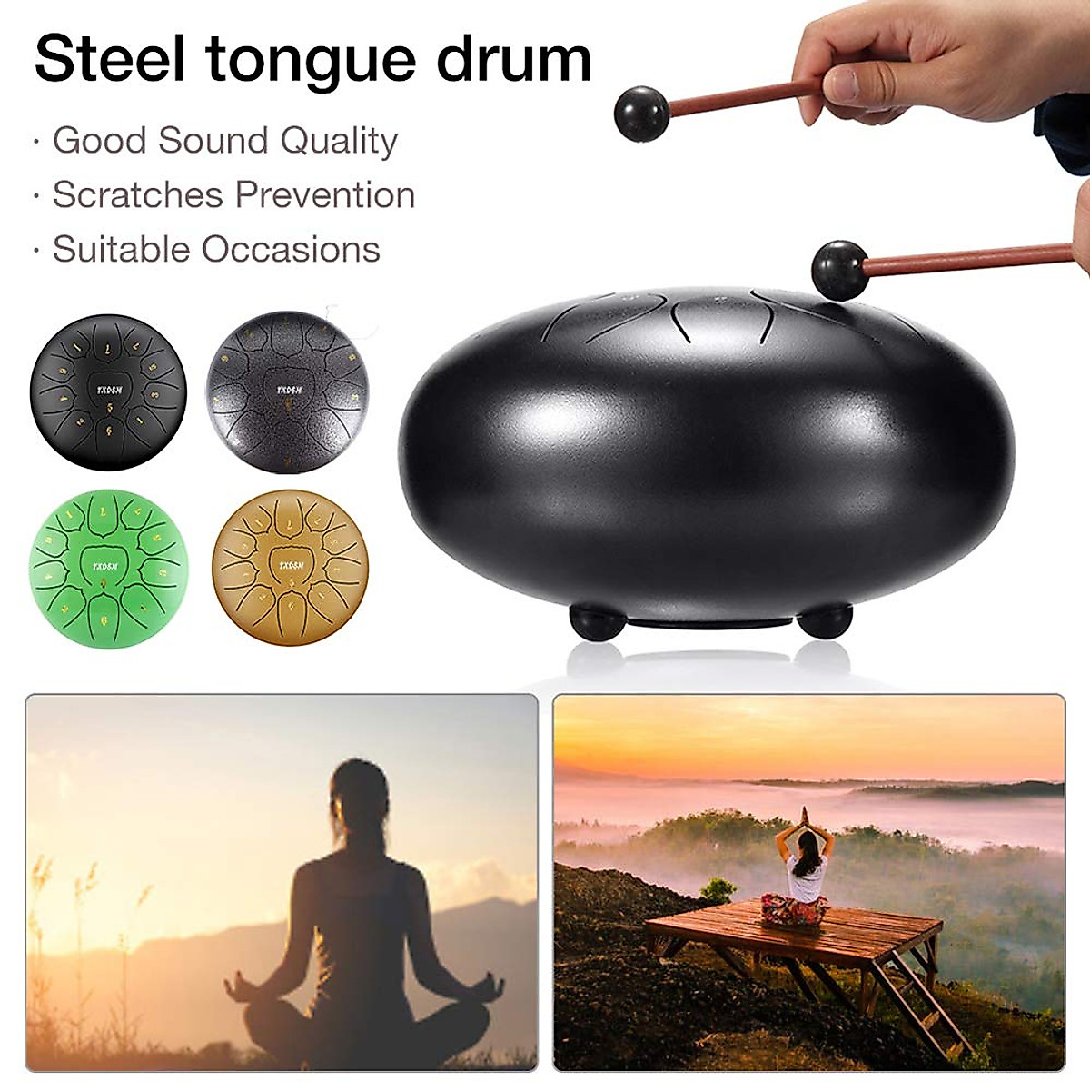 EGMI Tongue Drum 10 Inch 11 Note Percussion Instrument Tank Drum with Mallets Mallet Bracket Cleaning Cloth Finger Picks Music Book Sticker Notes Travel Bag, Portable for Concert Yoga (Silver)