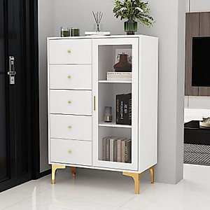 Homsee Storage Cabinet with 5 Drawers, Shelves & Glass Door, Sideboard Buffet Cabinet with Metal Legs, Modern Wood Display Cabinet for Living Room, Bedroom & Hallway, White (31.5”W x 15.7”D x 47.2”H)